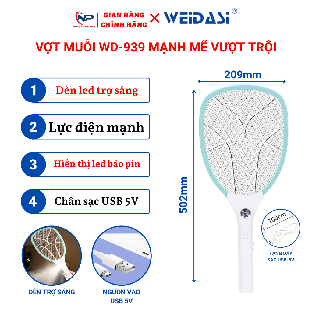 Vợt muỗi thông minh tự động kiêm đèn thu hút muỗi WEIDASI-991,9947 sạc tích điện, vợt bắt muỗi ...