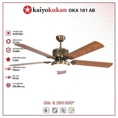 Quạt trần đèn Nhật Bản Kaiyo Kukan 5 cánh D152cm 52W DC OKA 181 AB - BA ...