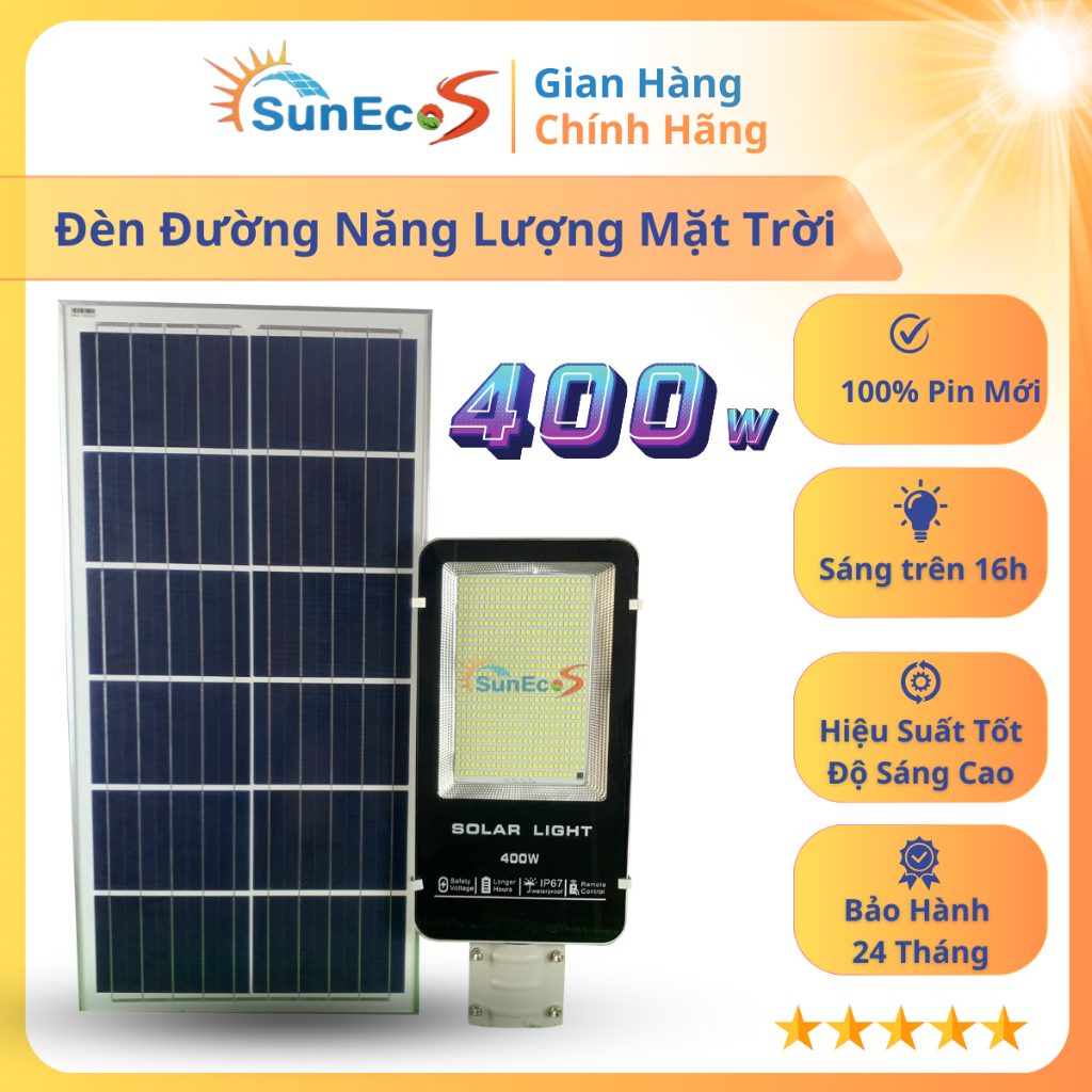 Đèn Năng Lượng Mặt Trời Bàn Chải, Đèn Đường 400W 1 Khoang SUNECO Mẫu 2024, Led 5730, Vỏ Nhôm ...