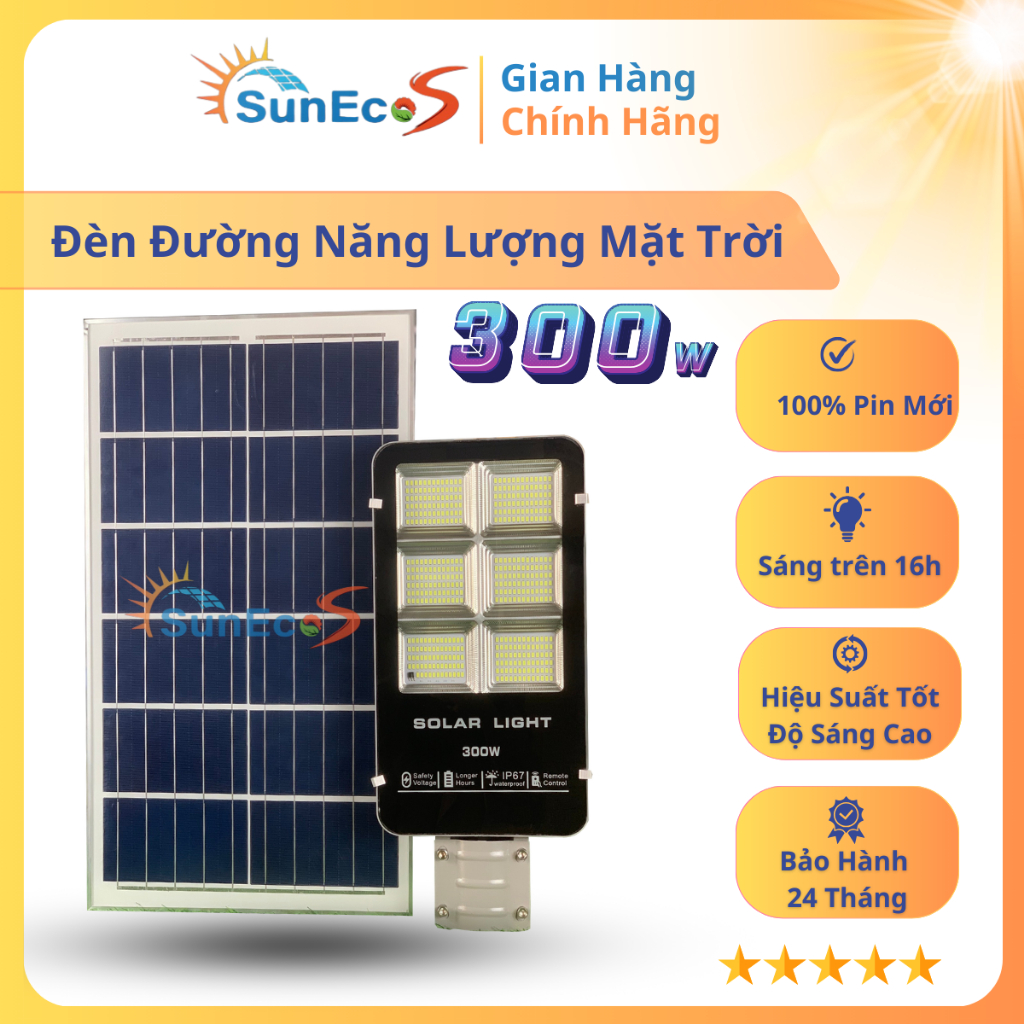 Đèn Năng Lượng Mặt Trời Bàn Chải, Đèn Đường 300W 6 Khoang SUNECO Mẫu 2024, Led 5730, Vỏ Nhôm ...