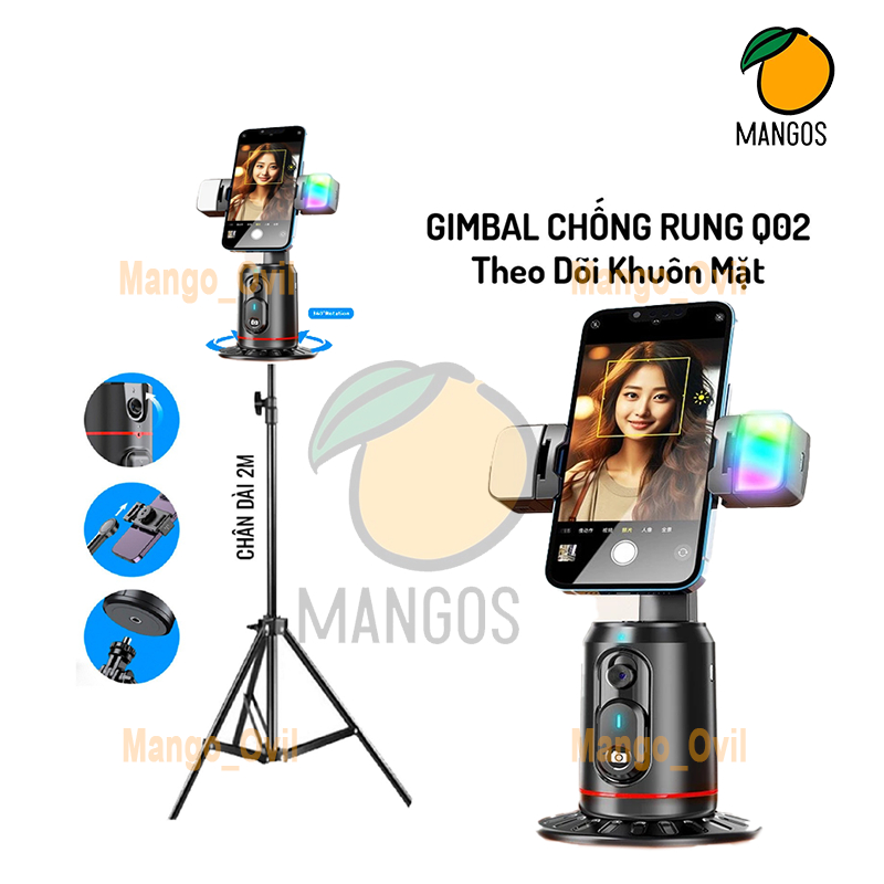 Giá đỡ Gimbal Q02 tự động Nhận diện khuôn mặt AI 360° có remote điều khiển từ xa, đèn led đa ...