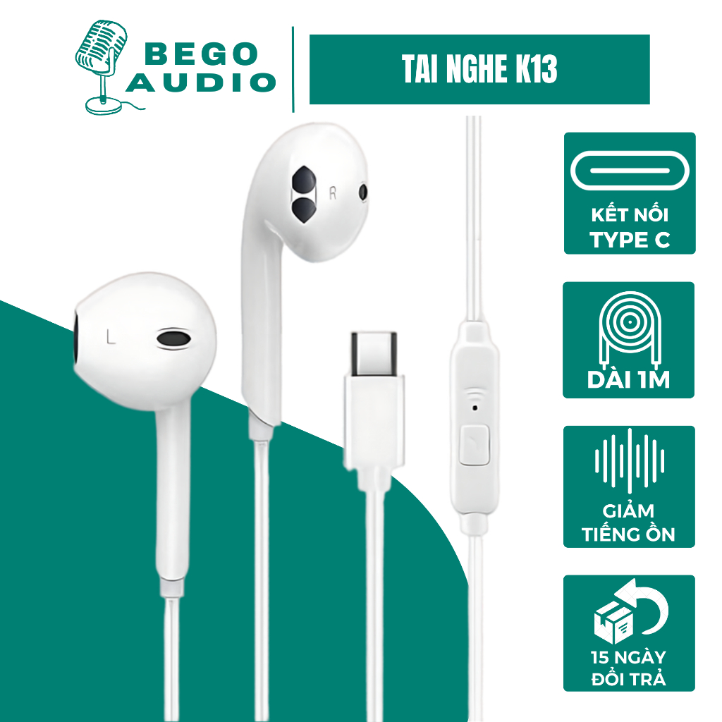 Tai nghe có dây type c, tai nghe nhét tai cổng usb-c K13 dài 1m có mic cho điện thoại và máy ...