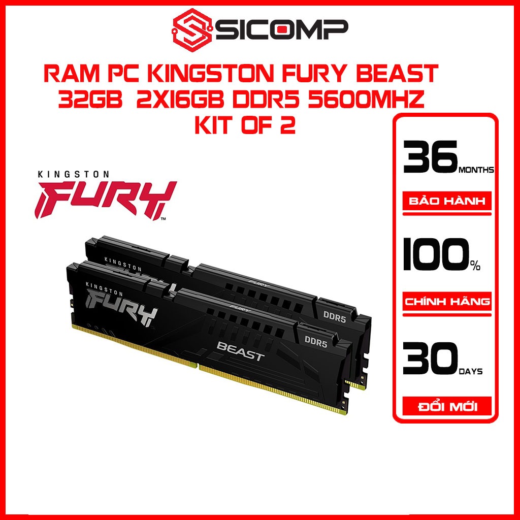Ram PC Kingston Fury Beast 32GB (2X16GB) DDR5 5600MHz Kit of 2 KF556C40BBK2-32 Bảo hành chính ...