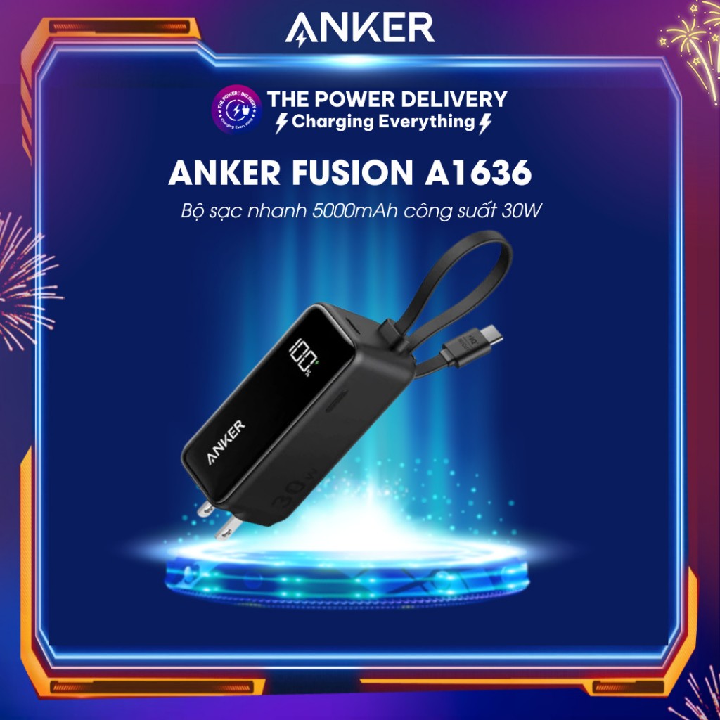 Bộ sạc nhanh Anker Fusion A1636 5000mah, công suất 30W PD, 22.5W cáp Type C tích hợp, màn hình ...
