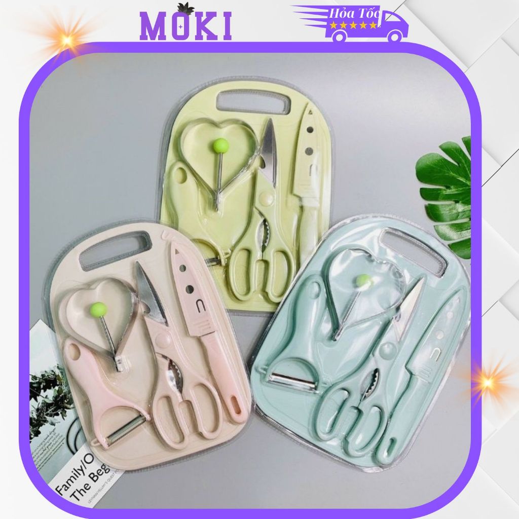 Bộ dao kéo thớt 5 món chế biến đồ ăn dặm cho bé, tiện lợi cho mẹ sử dụng chăm con shop Moki ...