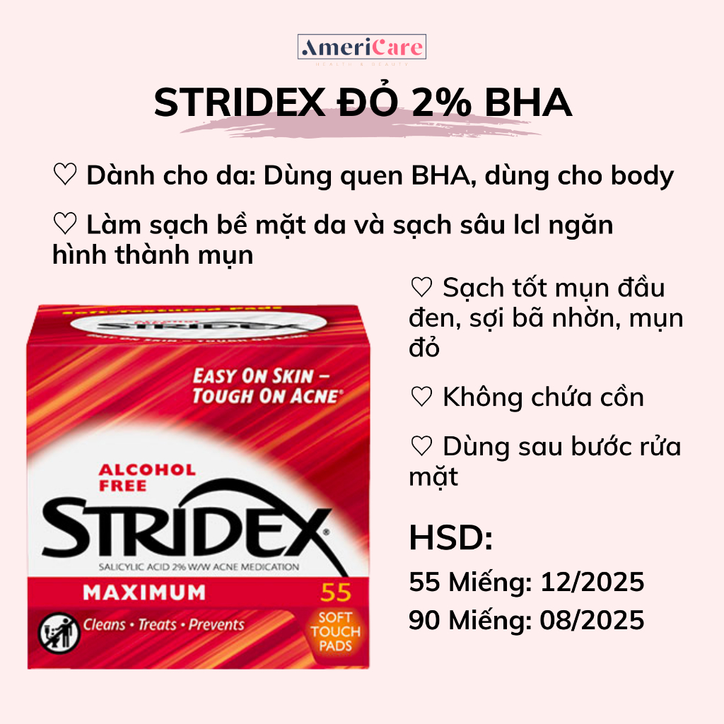 Miếng lau giảm mụn Toner Pad Stridex BHA, tẩy tế bào cho da nhạy cảm, alcohol free stridex BHA 0 ...