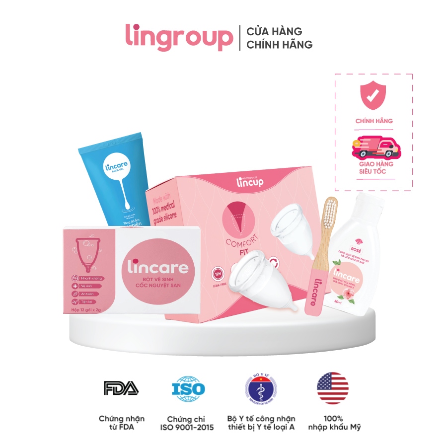Cốc nguyệt san Lincup chính hãng size 25ml/34ml/40ml nhập khẩu Mỹ và bộ 4 sản phẩm thiết yếu hỗ ...