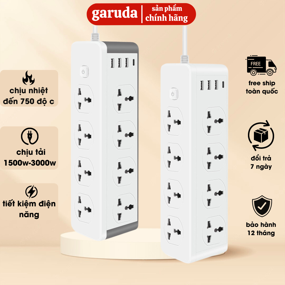 Ổ cắm điện đa năng chính hãng GARUDA 3 cổng USB 15v sạc nhanh, 1 type c, chống cháy, ổ chịu tải ...