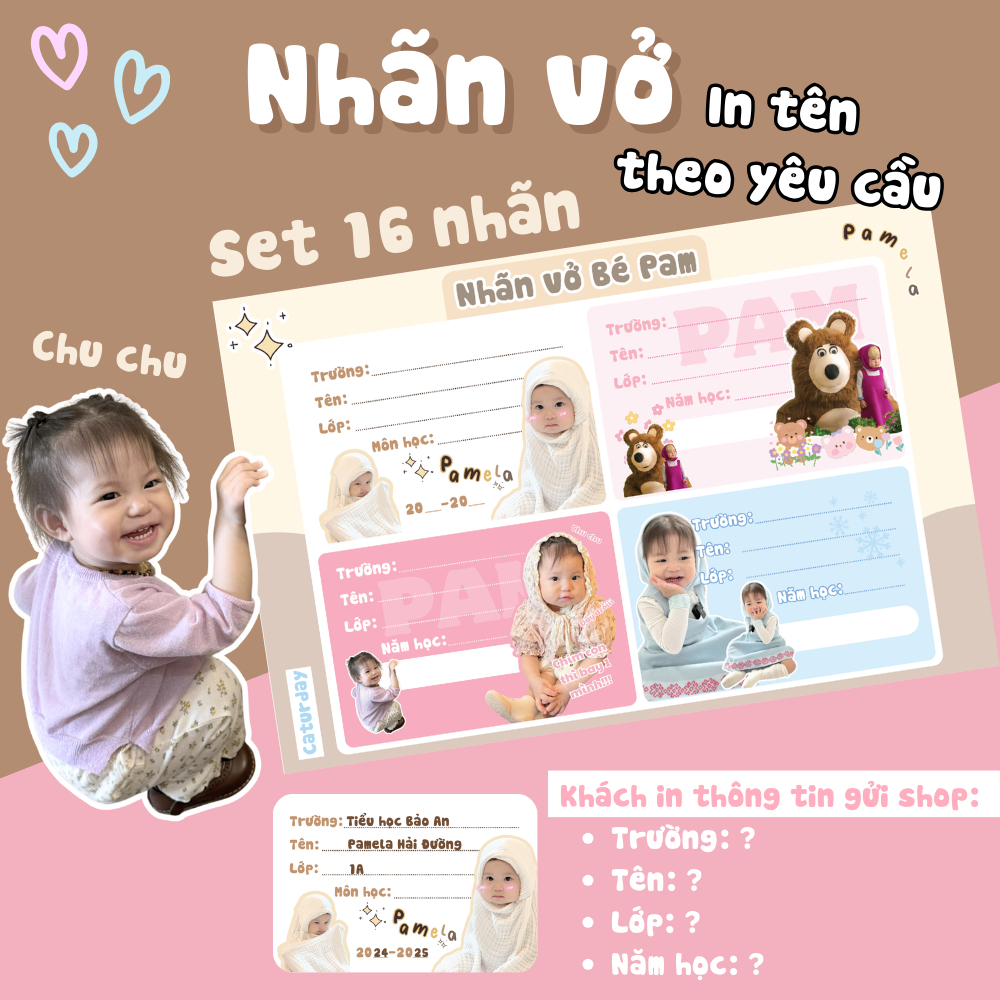 (In tên theo yêu cầu) Set 16 nhãn vở Capybara, Gấu dâu Lotso, Kuromi ...