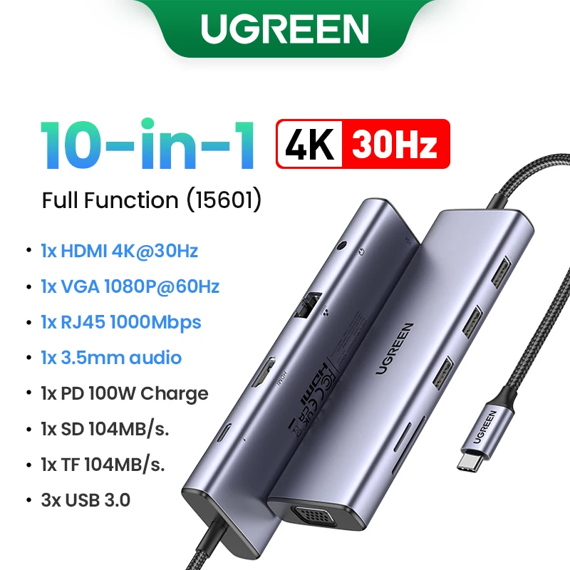 15601 (10in1) Ugreen HUB TypeC CM498 1x HDMI 4k30Hz, VGA FullHD, 3x USB 3.0, Lan 1Gbps, 3.5mm ...