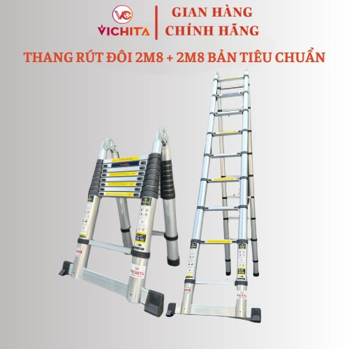 [Bản Tiêu Chuẩn] Thang Rút Đôi Chữ A Nhôm VICHITA Dài 5M6 (2.8M + 2.8M)-Ống Nhôm ĐÚC LIỆN,không ...