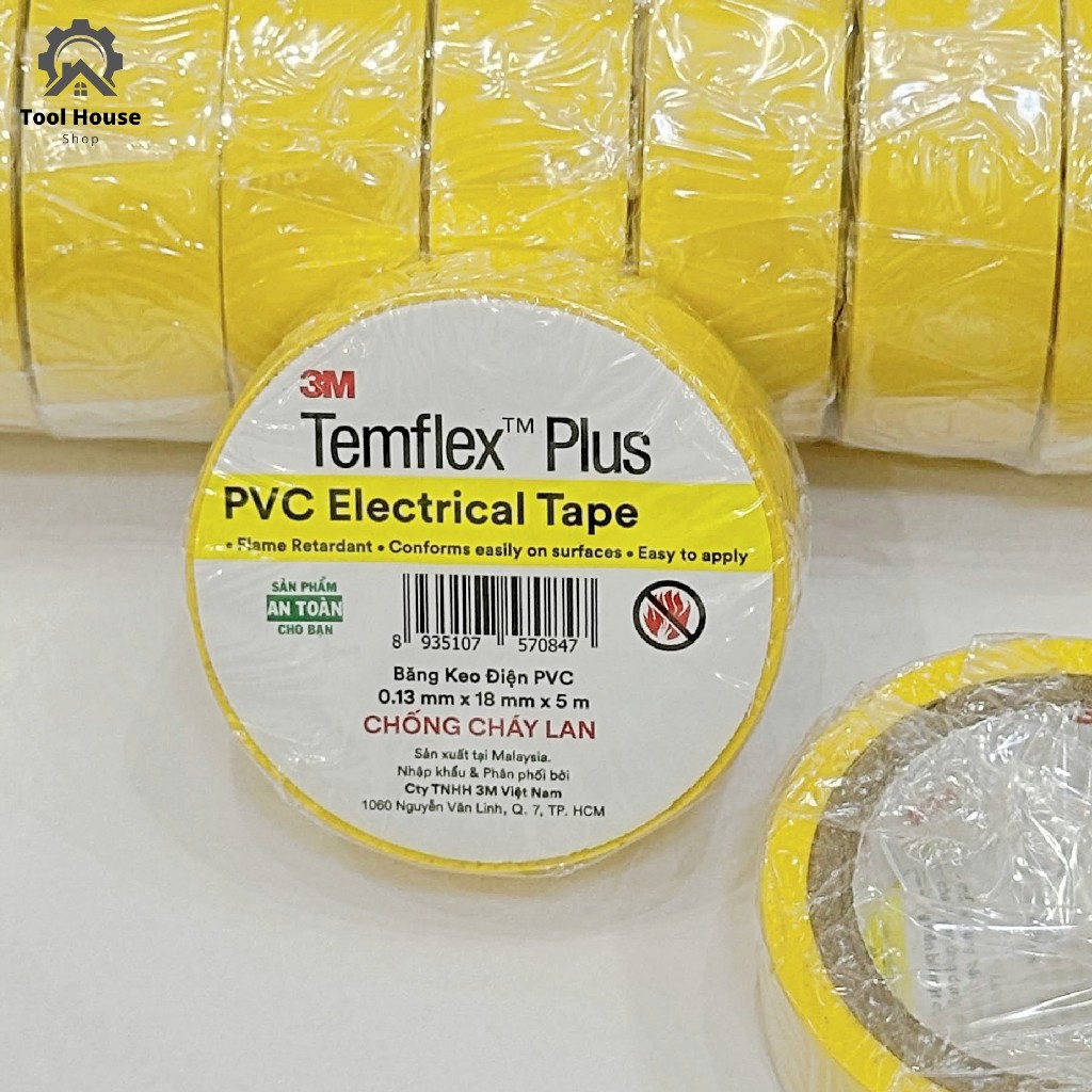 Băng keo cách điện 3M PVC Temflex Plus 3M chống cháy lan 18mmx5m màu vàng (1 cuộn dài 5m ...