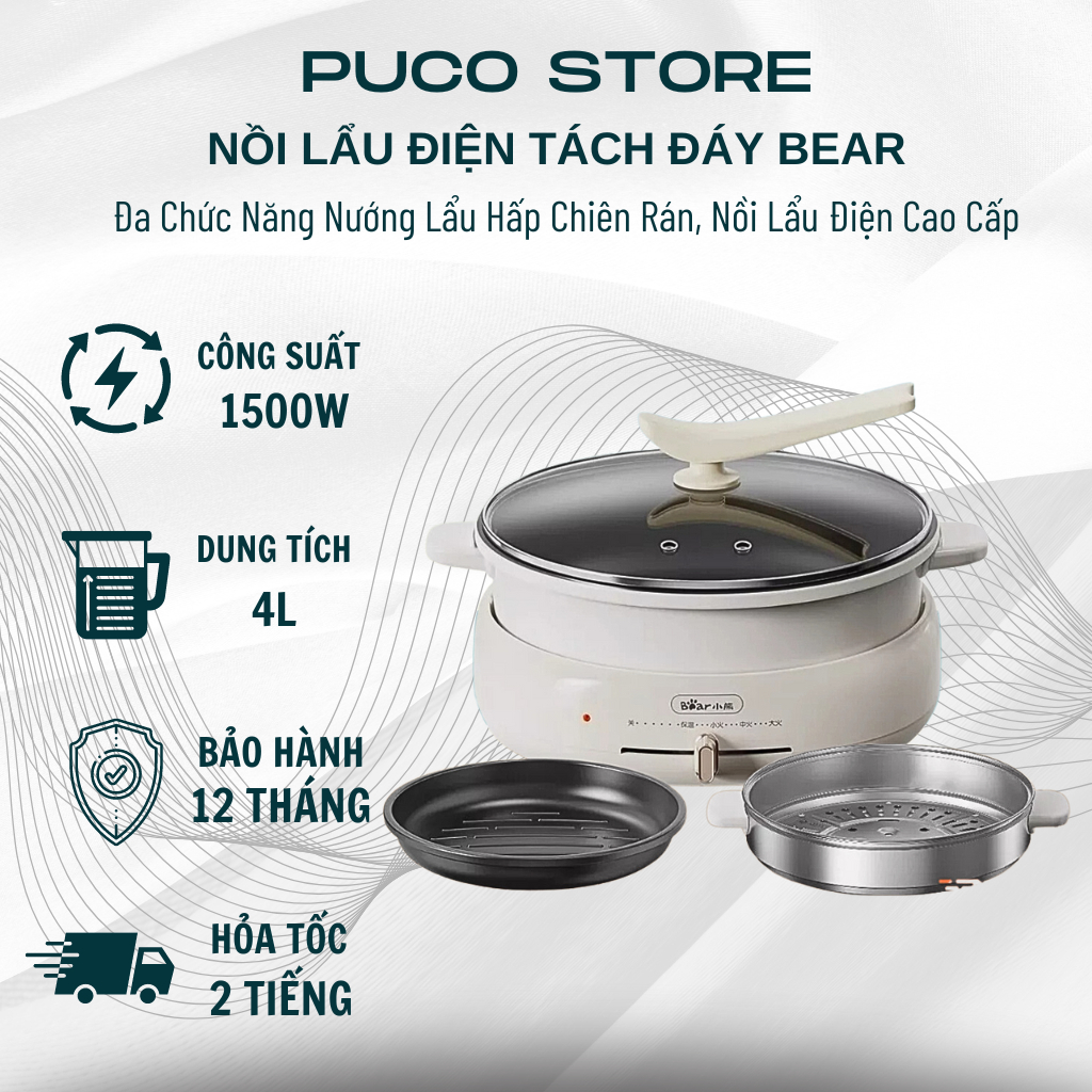Nồi Lẩu Điện Tách Đáy Bear DHG-C40W2 Đa Chức Năng Nướng - Lẩu - Hấp - Chiên - Rán, Nồi Lẩu Điện ...