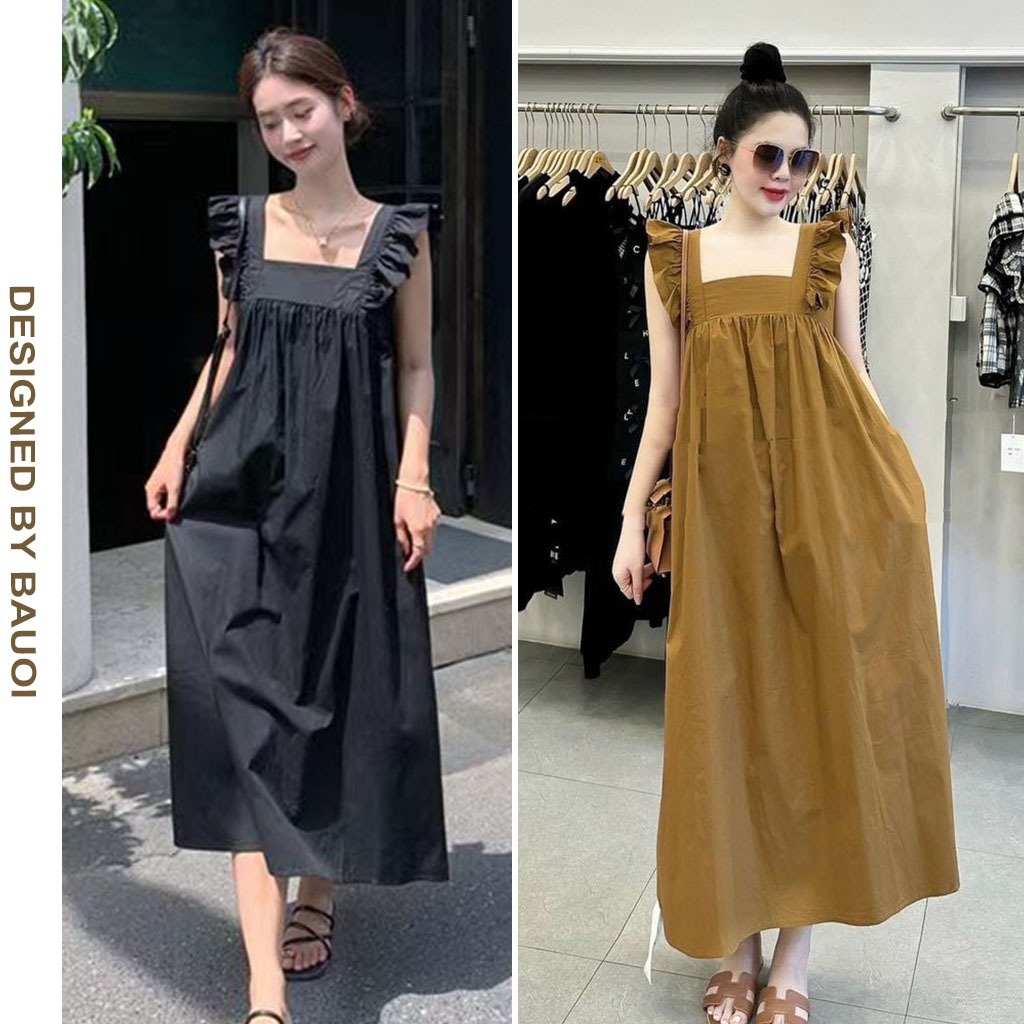 ĐẦM VÁY BẦU ĐI BIỂN 2 DÂY BÈO NHÚN PHỐI NƠ ĐIỆU ĐÀ CHẤT THÔ NẾN MỀM MÁT V807 - VÁY XINH CHO MẸ ...