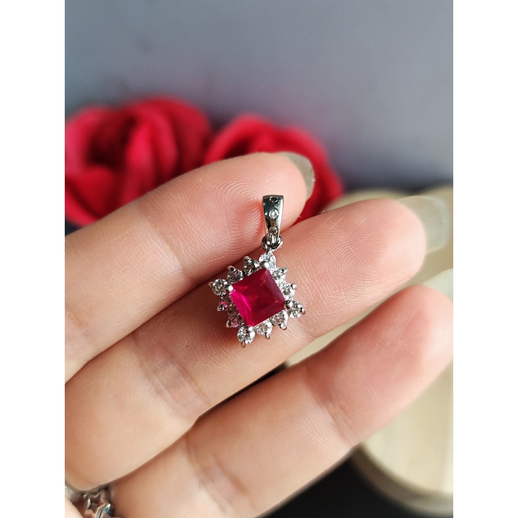 Mặt dây chuyền đá đỏ màu ruby khung bạc 925 khắc hiệu xi bạch kim hàng ...