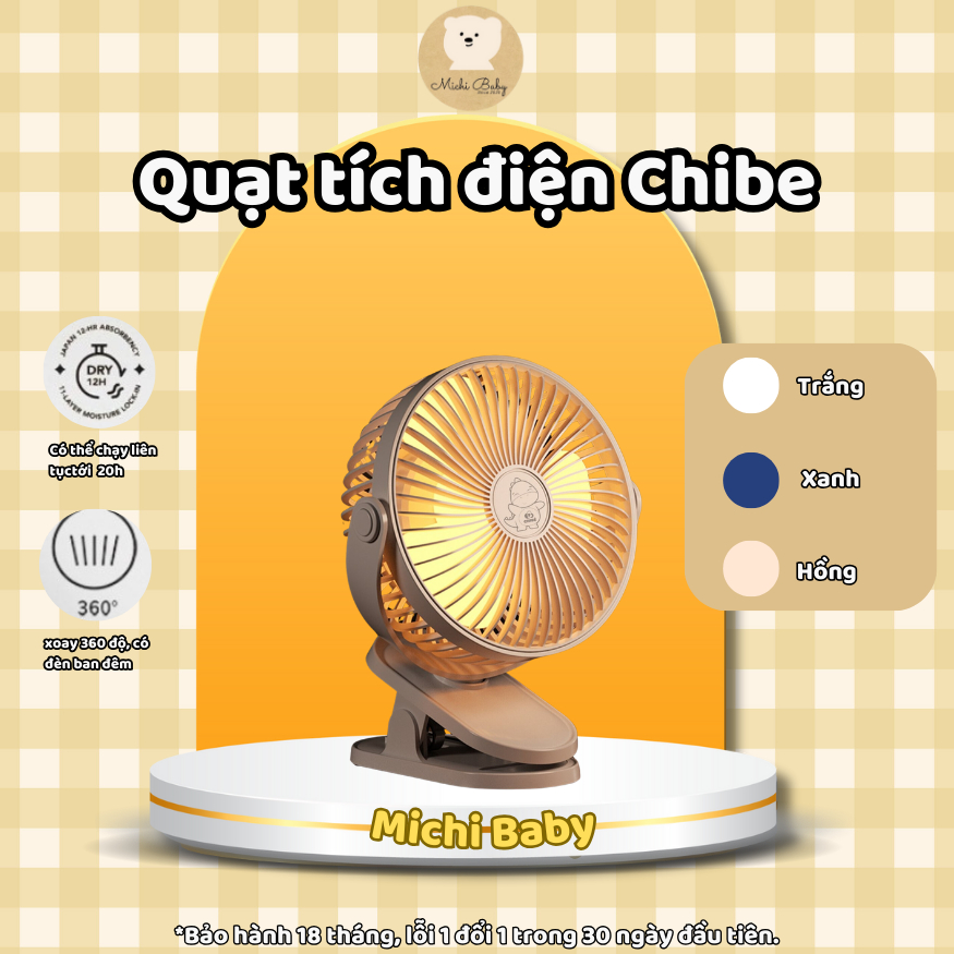 Quạt tích điện mini Chibe có đèn nhỏ gọn, cầm tay, kẹp xe đẩy cho bé ...