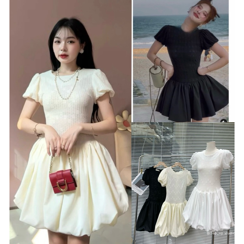 Váy hoa nổi tay bồng cổ tròn, dáng xoè tiểu thư “SARA” kèm quần váy rời ...