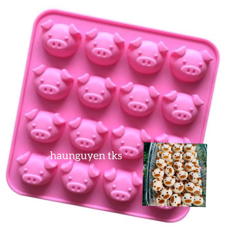 Khuôn silicon hình 16 mặt heo (màu hồng) dùng làm rau câu, socola, kẹo ...