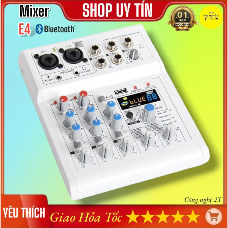 Bộ Trộn Âm Thanh Mixer E4 Có Bluetooth 4 kênh 88 hiệu ứng DSP Hỗ Trợ Nguồn 48v có thể Livestream ...