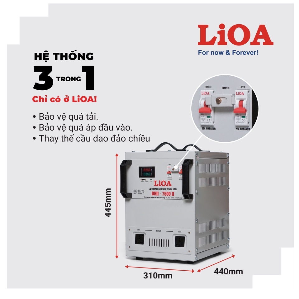 Ổn áp LiOA 7,5KVA dải 50V DRII-7500II 1 Pha - LiOA Nhật Linh 7500VA 7,5KW 7500W dây đồng thế hệ ...