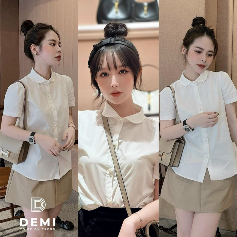 Áo sơ mi trắng cộc tay cổ sen khuy ngọc siêu xinh chuẩn mẫu L1 | Shopee Việt Nam