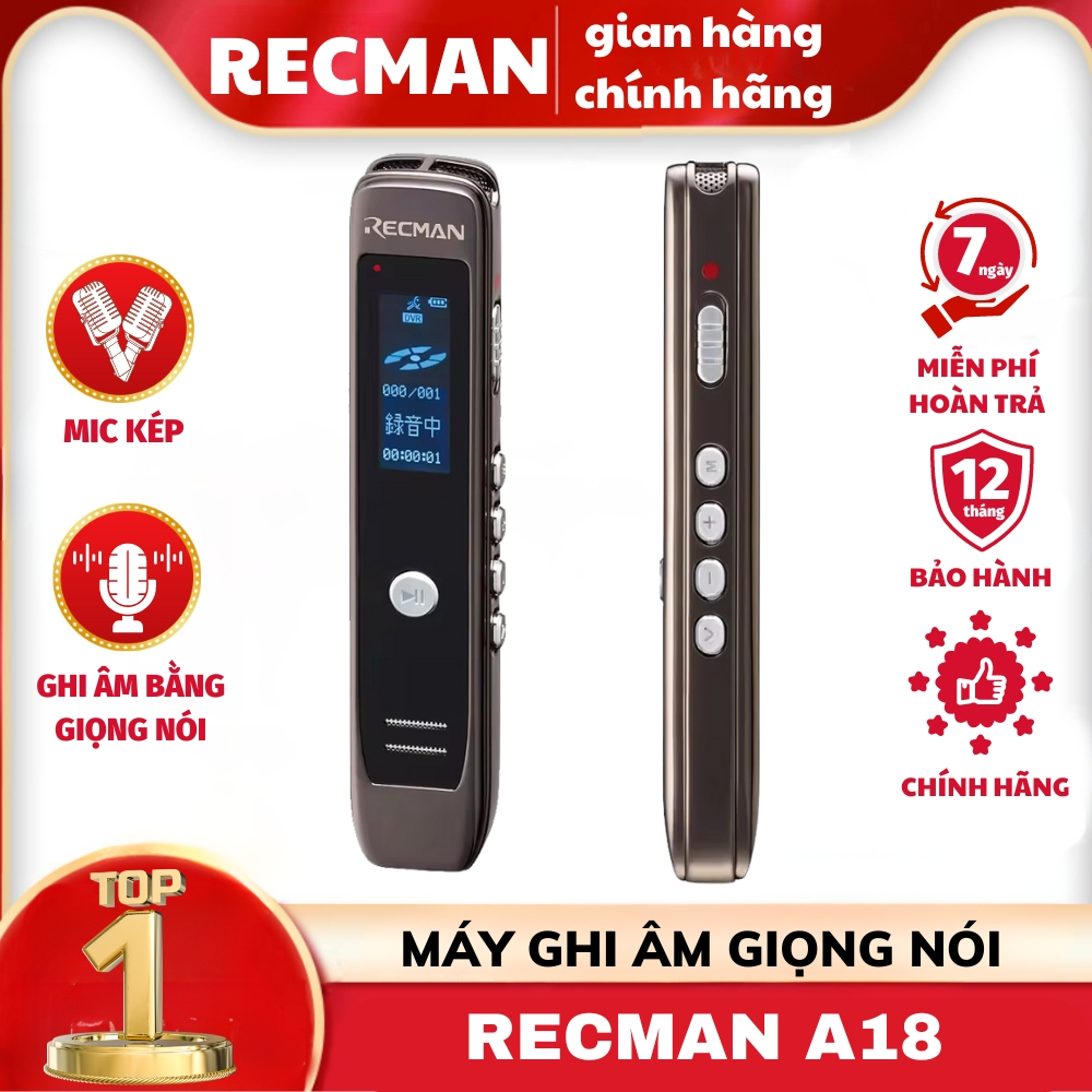 Máy ghi âm cao cấp RECMAN A18, máy được trang bị bộ mic kép cho chất lượng âm to rõ, ghi âm bằng ...