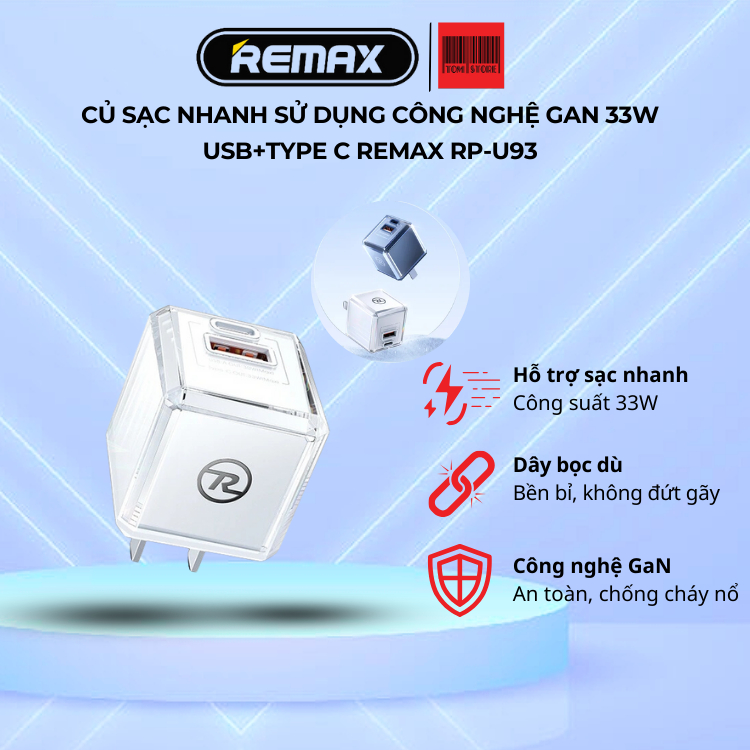 Củ sạc nhanh sử dụng công nghệ GaN 33W USB+Type C REMAX RP-U93 | Shopee ...