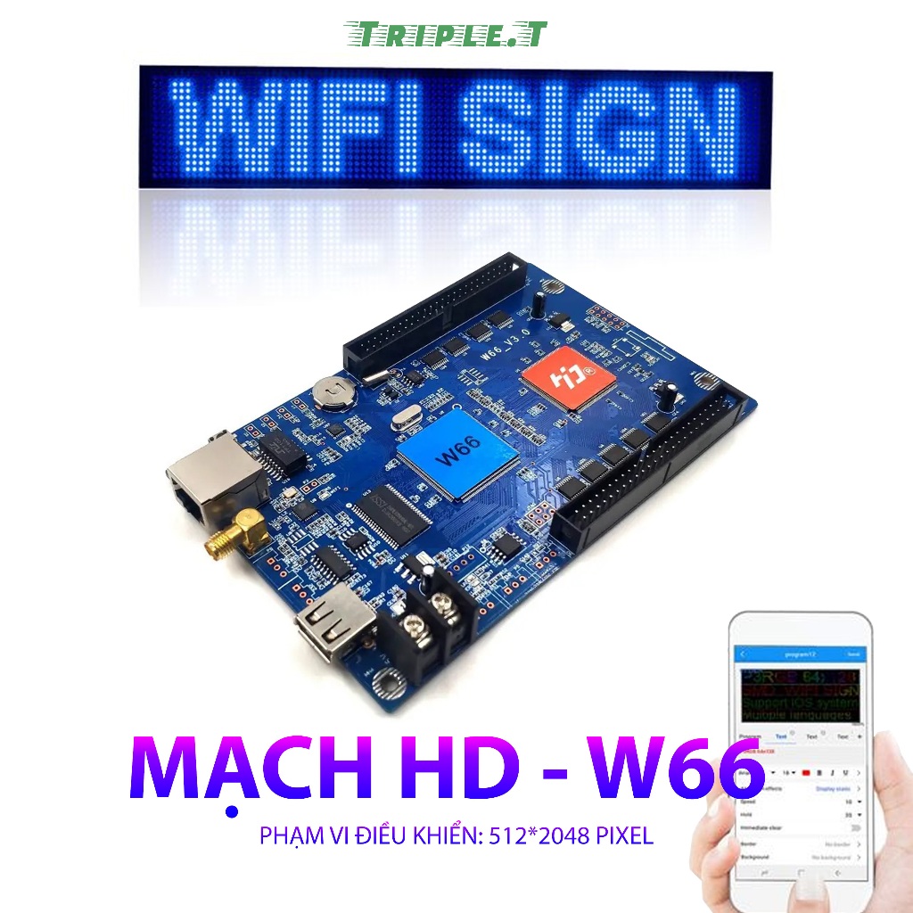 Mạch HD W66 kèm hub 12 hoặc hub 75 điều khiển led ma trận các tấm P led một màu, 3 màu hoặc full ...