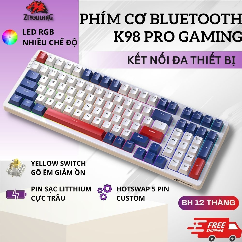 Bàn Phím Cơ Bluetooth Không Dây ZiyouLang K98BT LED RGB PRO 3 Mode Kết Nối Hotswap 5 Pin Yellow ...