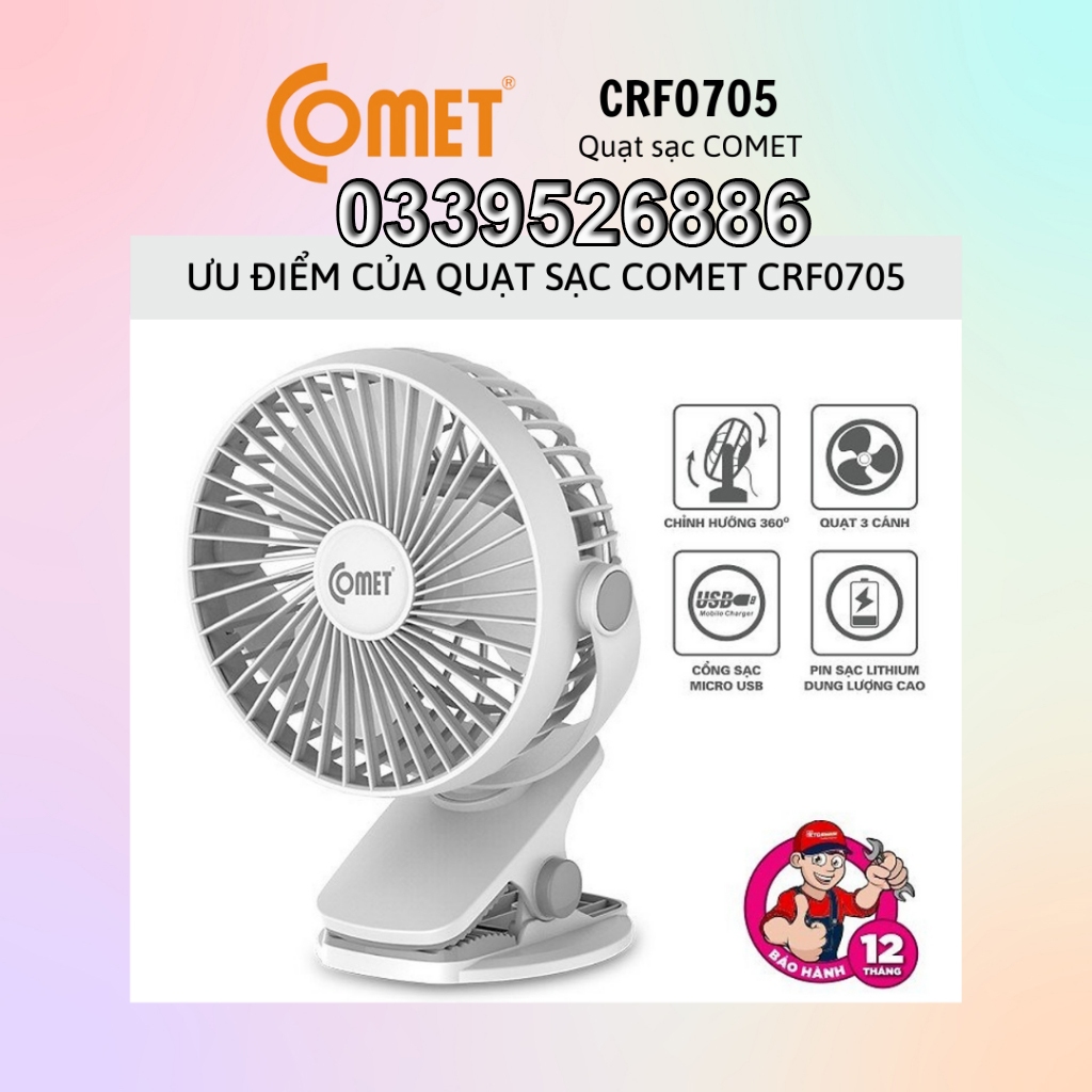 Quạt Sạc Tích Điện Mini Kẹp Bàn Comet CRF0705 5W Đế Kẹp Xe Đẩy Hoặc Để ...