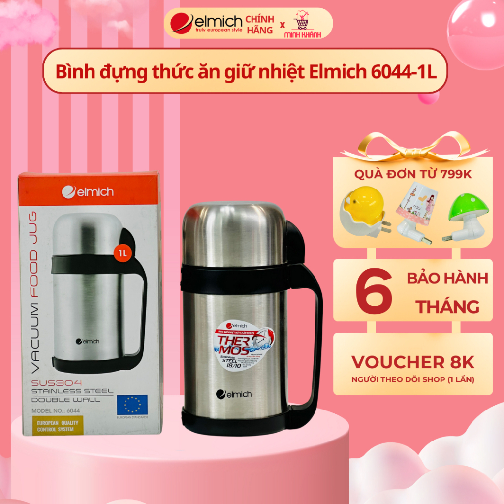 Bình đựng thức ăn giữ nhiệt Elmich 1000ml EL-6044 -Inox 304, giữ nhiệt chân không, thể tích lớn ...