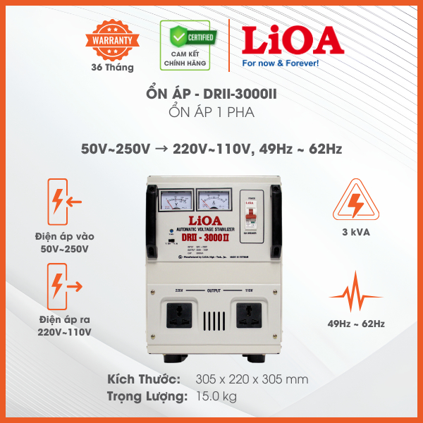 Ổn Áp LiOA 1 Pha DRII-3000II 3 kVA 3000VA. Điện Áp Vào 50V÷250V, Điện Áp Ra 220V÷110V. Dây Đồng ...