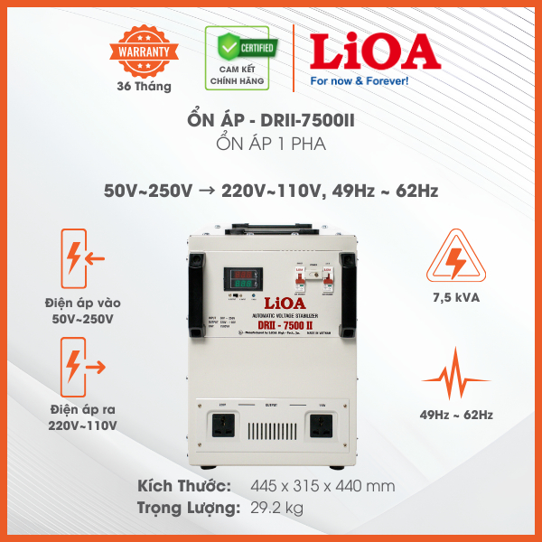 Ổn Áp LiOA 1 Pha DRII-7500II 7,5kVA 7500VA. Điện Áp Vào 50V÷250V, Điện Áp Ra 220V÷110V. Dây Đồng ...