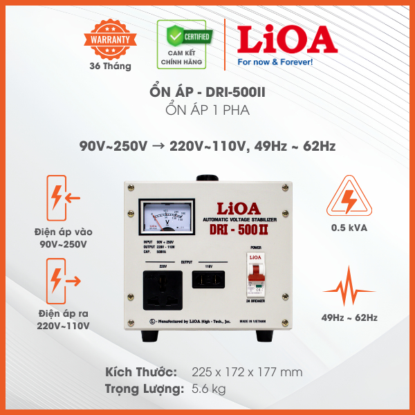 Ổn Áp LiOA 1 Pha mã DRI-500II 0,5kVA 500VA. Điện Áp Vào 90V÷250V, Điện Áp Ra 220V÷110V. Bh 3 năm ...