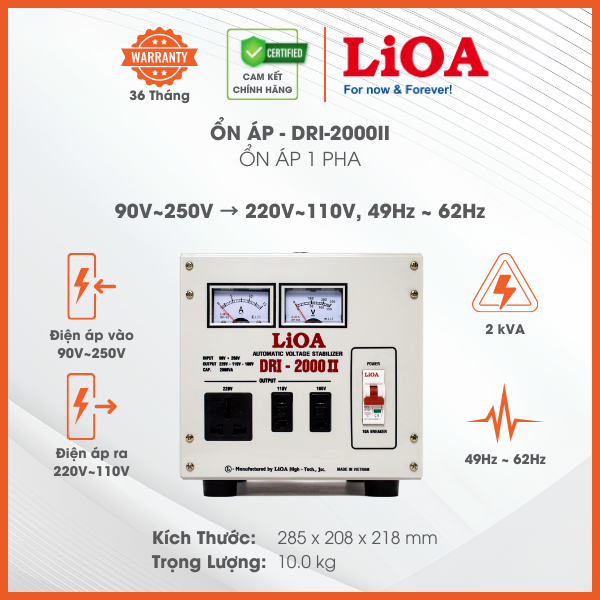 Ổn Áp LiOA 1 Pha DRI-2000II 2kVA 2000VA Điện Áp Vào 90V÷250V, Điện Áp Ra 220V-110V-100V. Bh 3 ...