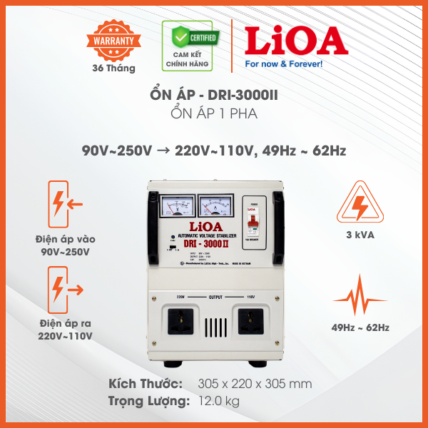 Ổn Áp LiOA 1 Pha mã DRI-3000II 3kVA 3000VA Điện Áp Vào 90V÷250V, Điện Áp Ra 220V÷110V. Dây Đồng ...