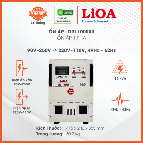 Ổn Áp LiOA 1 Pha DRI-10000II 10kVA 10000VA. Điện Áp Vào 90V÷250V, Điện Áp Ra 220V÷110V. Dây Đồng ...