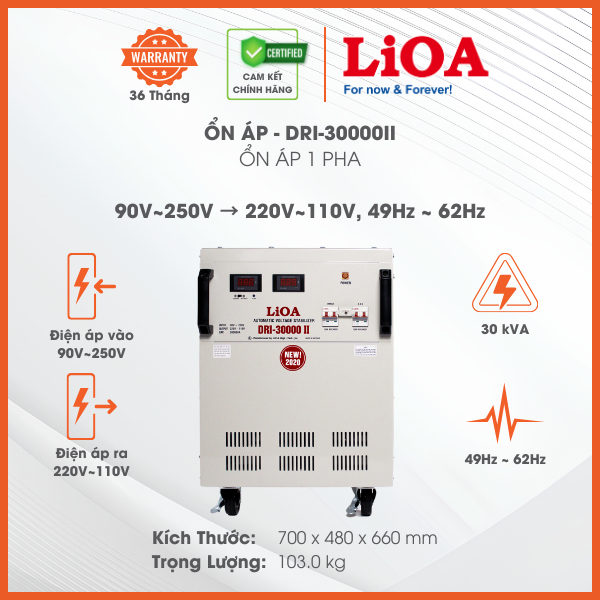 Ổn Áp LiOA 1 Pha DRI-30000II 30kVA 30000VA. Điện Áp Vào 90V÷250V, Điện Áp Ra 220V÷110V. Dây Đồng ...