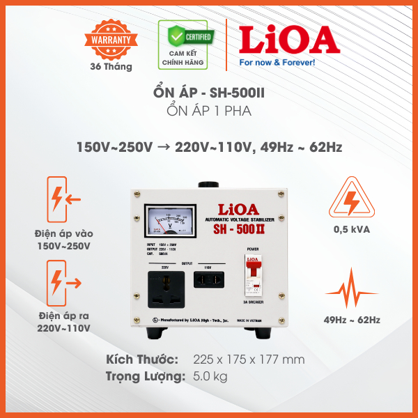 Ổn Áp LiOA 1 Pha mã SH-500II 0,5kVA 500VA. Điện Áp Vào 150V÷250V, Điện Áp Ra 220V÷110V. Bh 3 năm ...