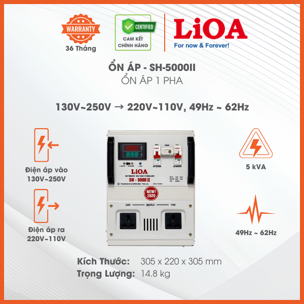 Ổn Áp LiOA 1 Pha mã SH-5000II 5kVA 5000VA. Điện Áp Vào 130V÷250V, Điện Áp Ra 220V÷110V. Bh 3 năm ...