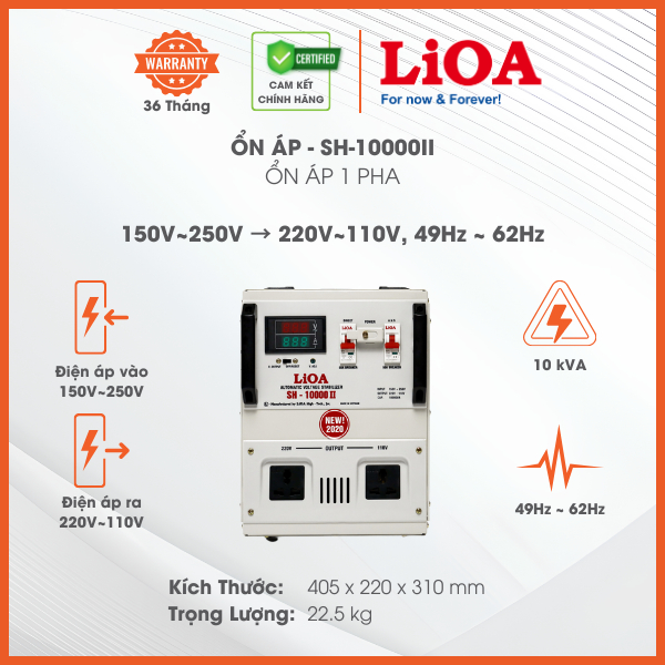 Ổn Áp LiOA 1 Pha SH-10000II 10kVA 10000VA. Điện Áp Vào 150V÷250V, Điện Áp Ra 220V÷110V. Dây Đồng ...