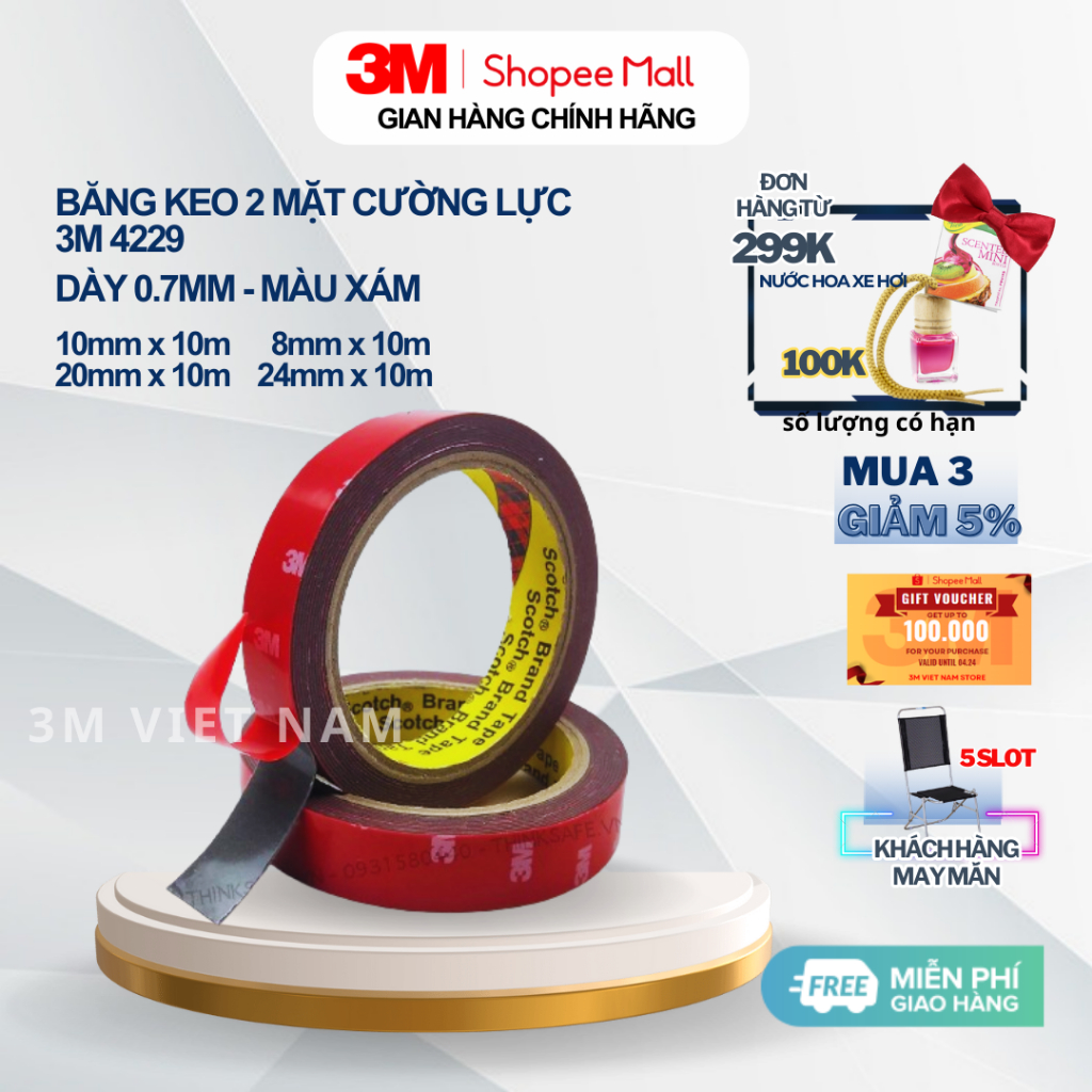 Băng Keo cường lực 2 mặt 3M™ Acrylic Foam Tape 4229P- Độ bám dính cao ...