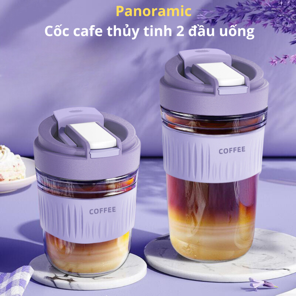 Ly cafe thủy tinh văn phòng, cốc uống nước có 2 đầu ống hút và miệng ...