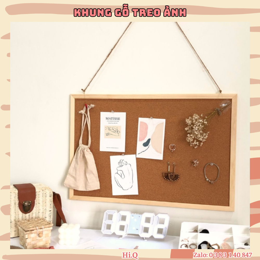 Bảng ghim bần khung gỗ treo ảnh giấy note ghi chú có móc treo tường ...