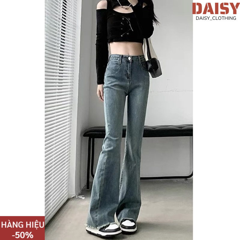 Quần jean nữ ống loe suông Cạp Cao DAISY, Quần bò nữ wash 3 màu SMOKE GREY dáng suông loe phong ...