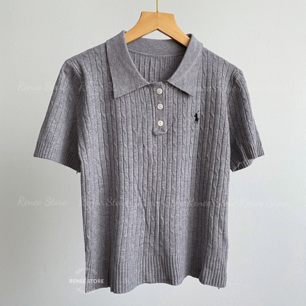 Áo polo len thừng thêu ngựa, áo len nữ cổ bẻ hoạ tiết xoắn thừng QC ...