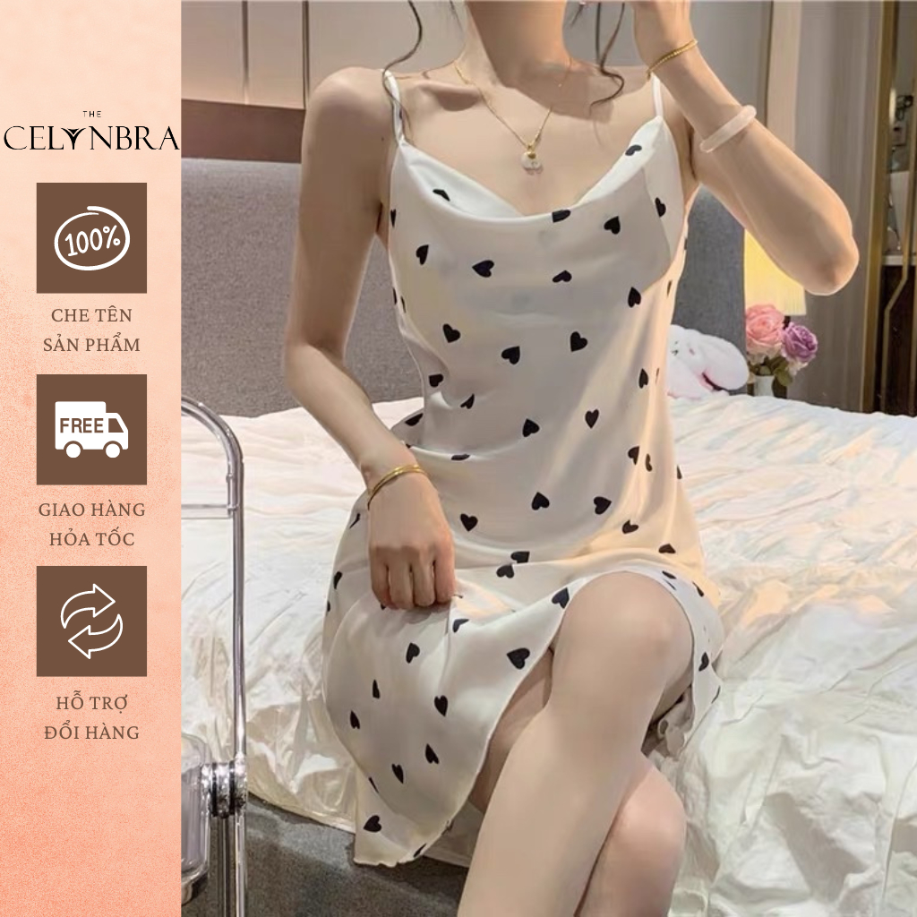Váy ngủ lụa 2 dây sexy quyến rũ họa tiết hoa 3D THE CELYNBRA - V104 | Shopee Việt Nam