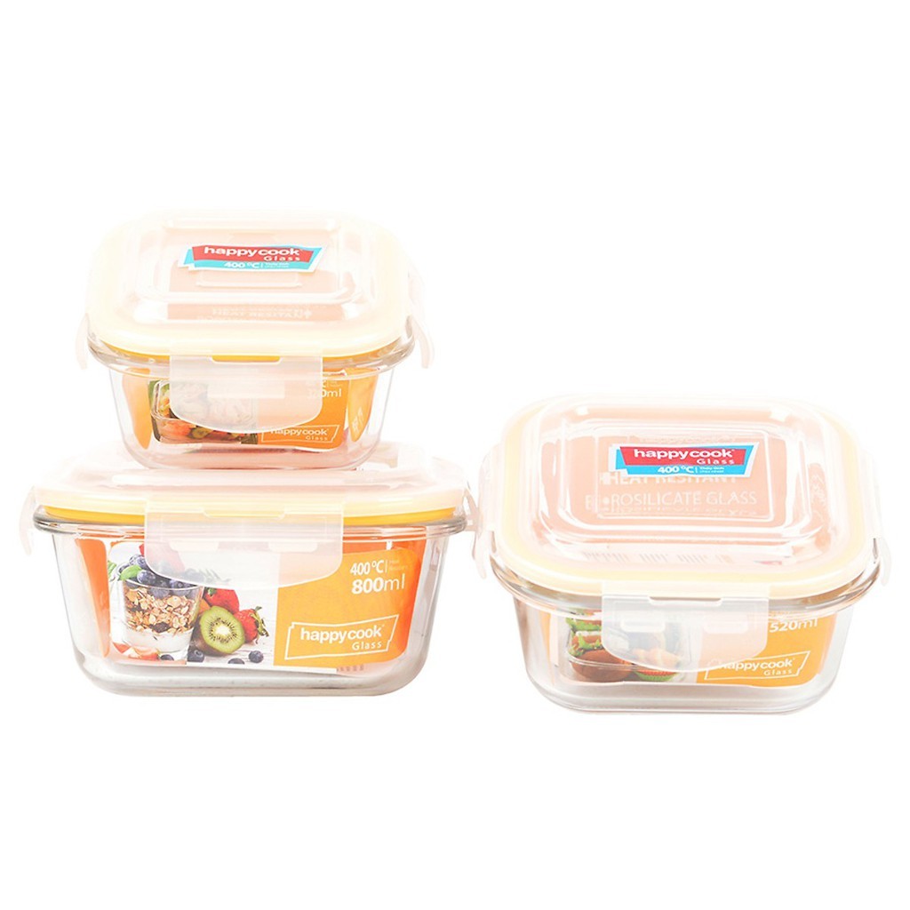 Bộ 3 Hộp Thủy Tinh Hình Vuông 520ml Kèm Túi Giữ Nhiệt Happy Cook Glass HCG-03SHM | Shopee Việt Nam