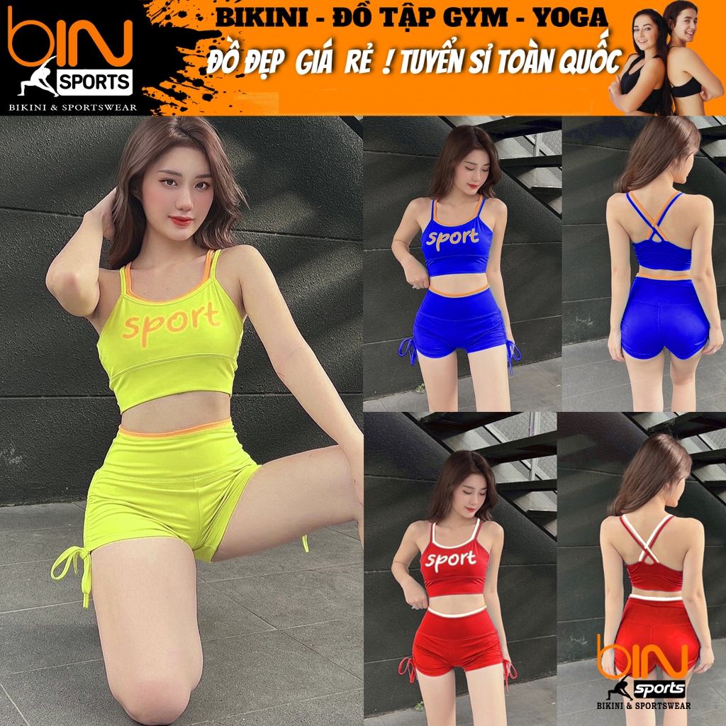 Bộ đồ tập gym yoga pickleball nữ áo bra kèm mút và quần đùi dây rút ...