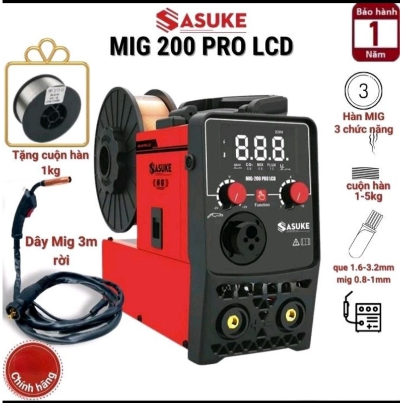 Máy hàn MIG 4 chức năng Sasuke 200PRO LCD,MIG khí,hàn MIG không khí,hàn que ,Lift tig ,kèm 1 ...